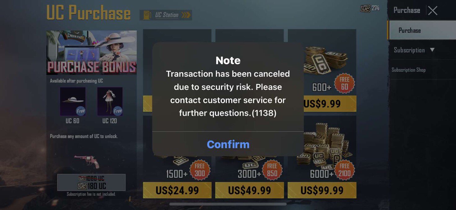 Countering this error message while purchasing uc - PUBG MOBILE