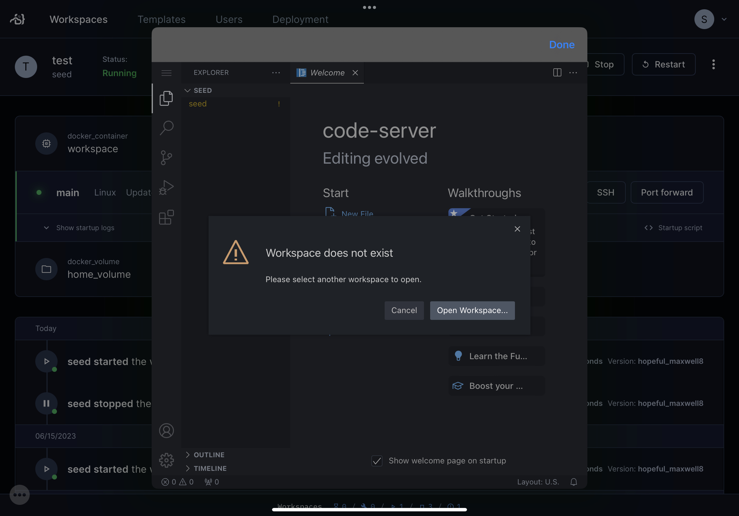Opening code-server from the Coder Workspaces portal launches a pop-up ...