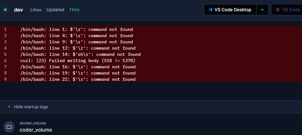 /bin/bash: line 1: $'\r': command not found - Coder.com