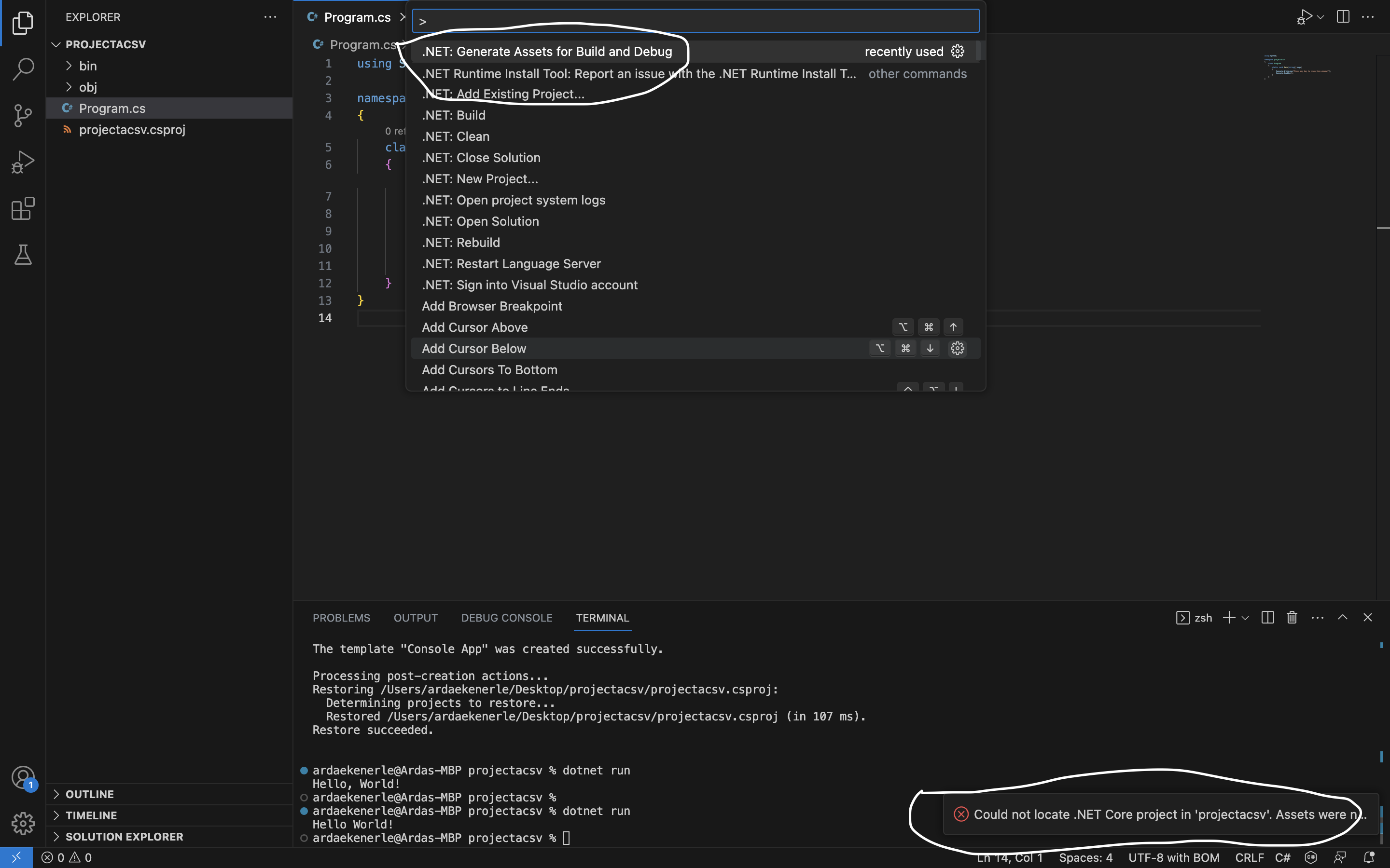 cant generate assets for build and debug - C#