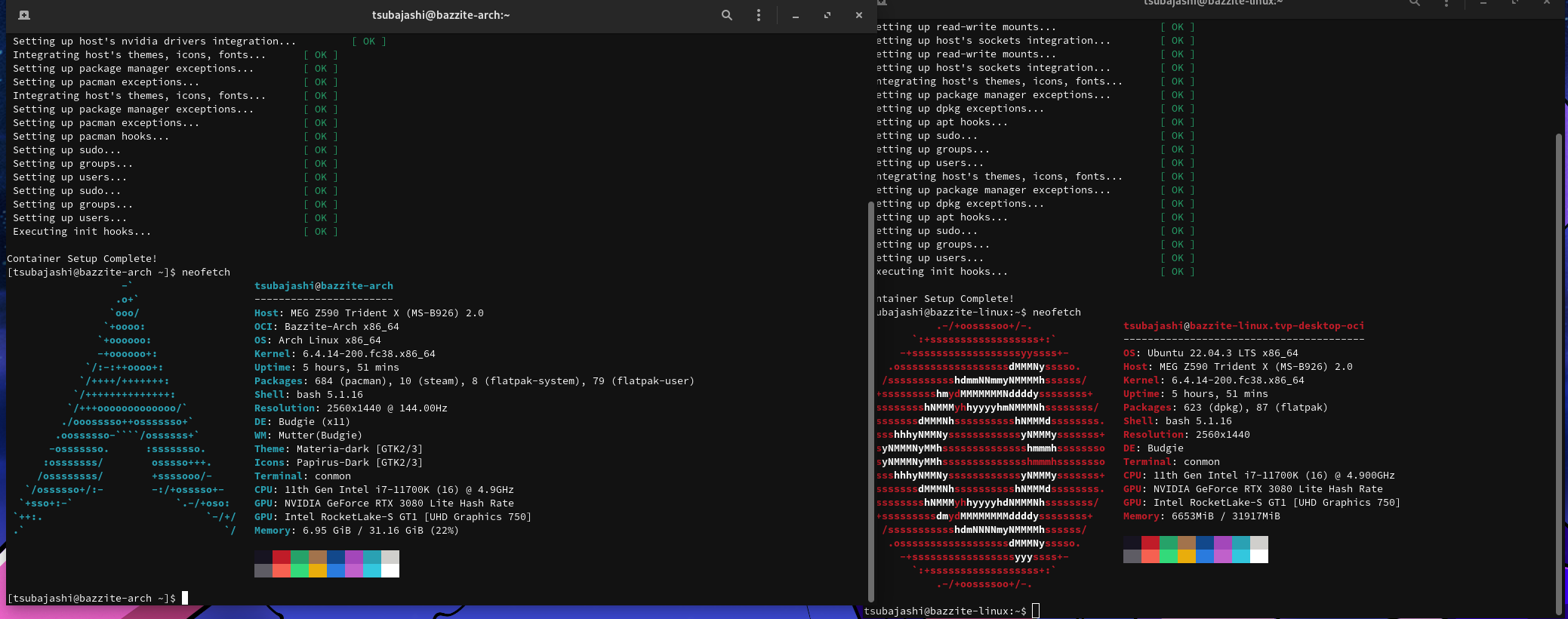 here is an example of 2 containers running - Bazzite