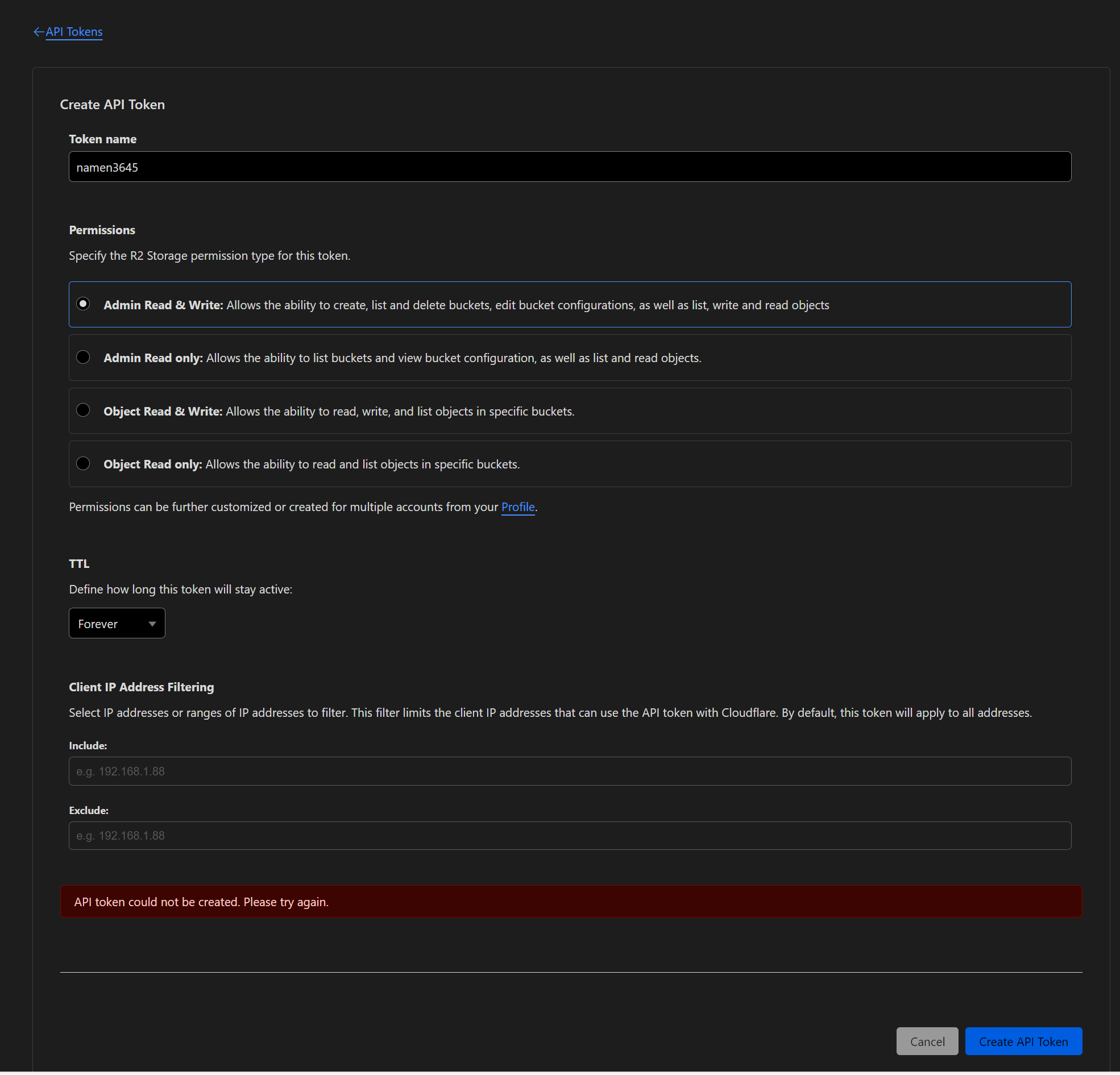 API token could not be created. Please try again. - Cloudflare Developers