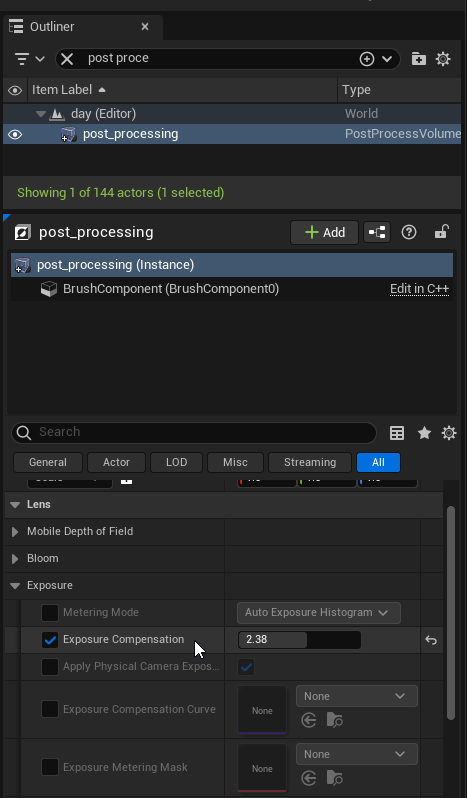 We create a post process volume that handles exposure and the other effects for you, basically ...