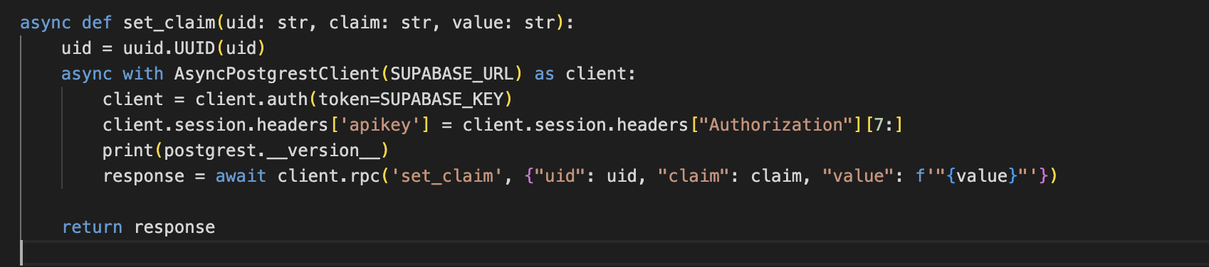 postgrest-py not calling function - Supabase