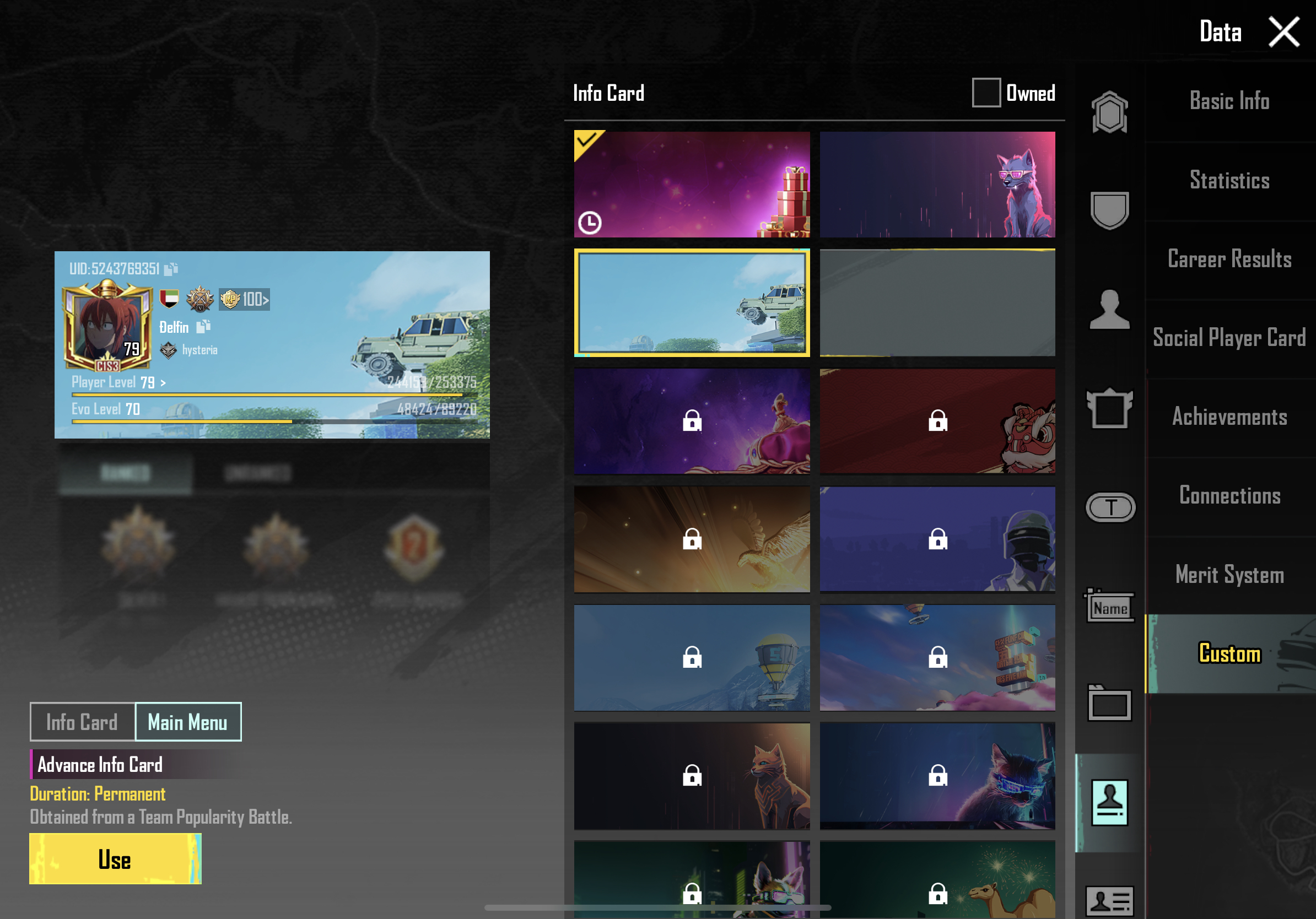 Yes, you can equip the Advance Info Card for both the Info Card and the Main Menu. - PUBG MOBILE