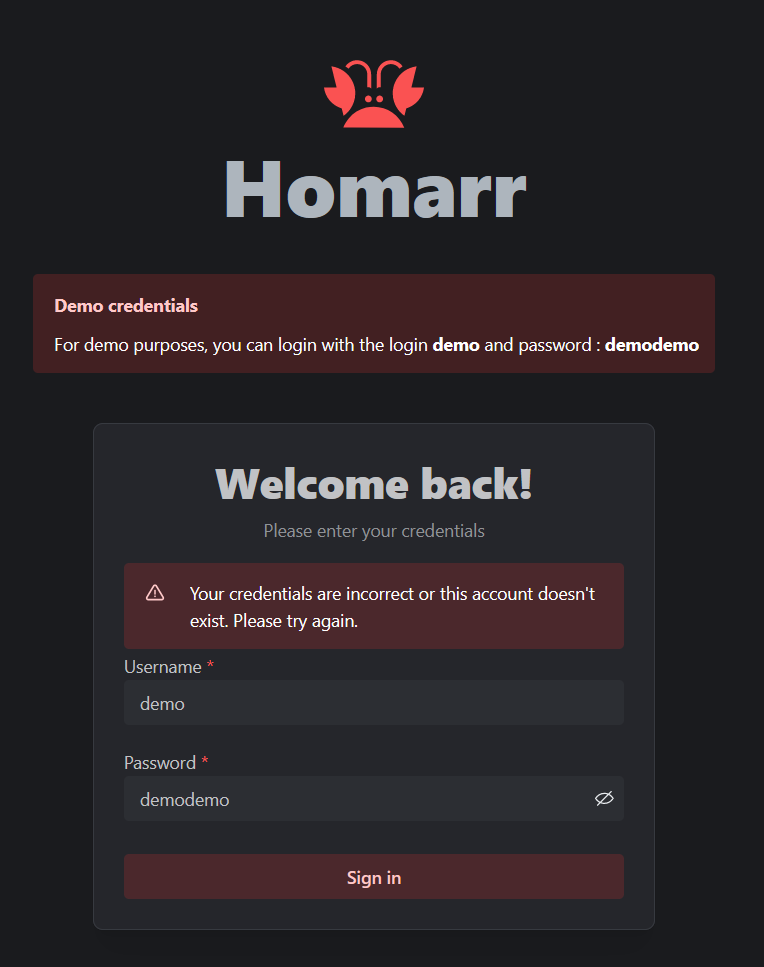 Cannot login to demo site - Homarr