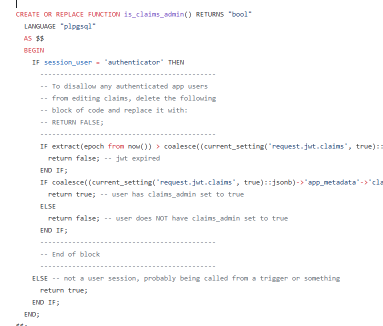 Postgres trigger update set_claim function access denied - Supabase