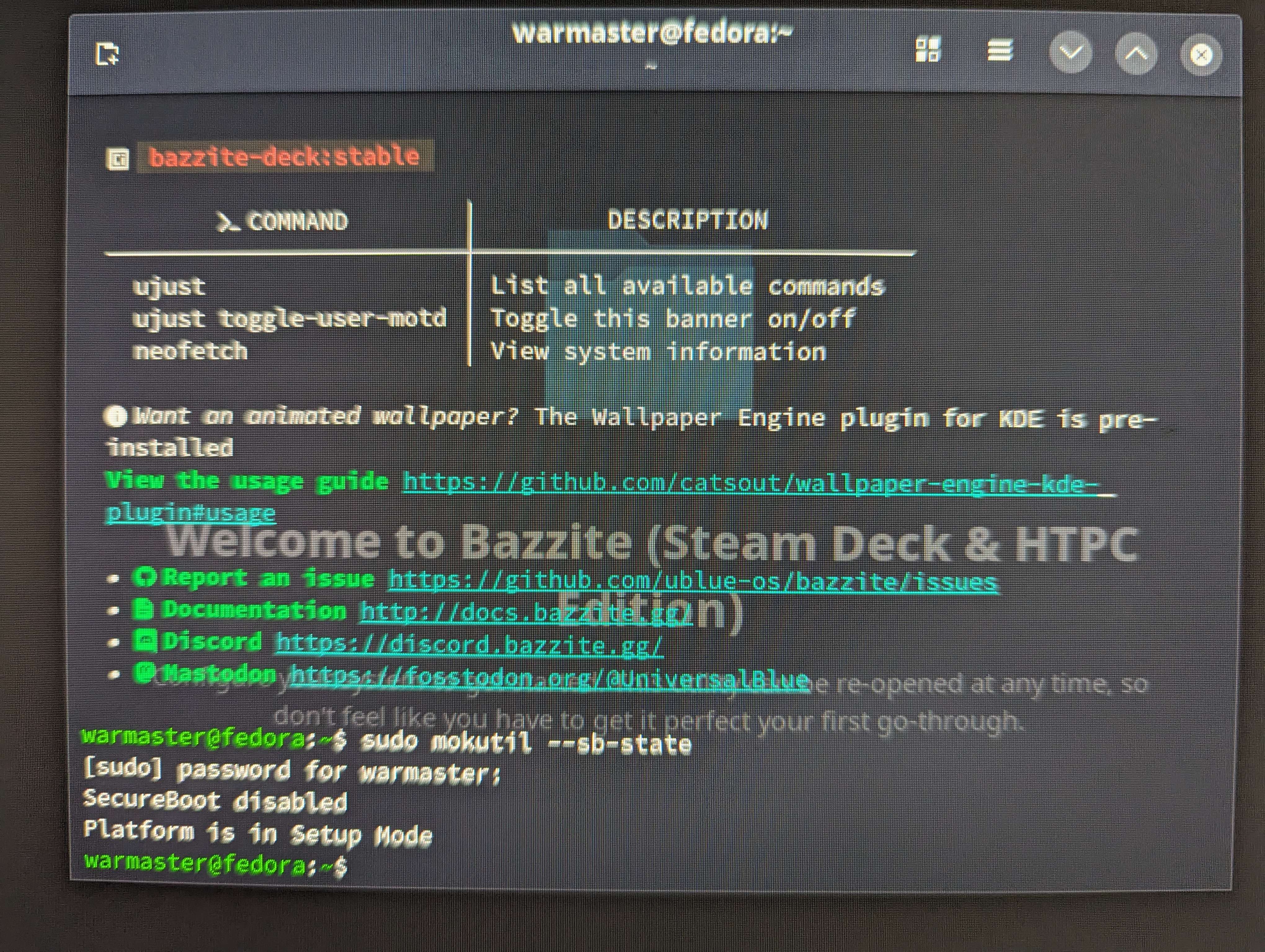 After typing in the terminal: ujust enroll-secure-boot-key It says key is already enrolled, but ...