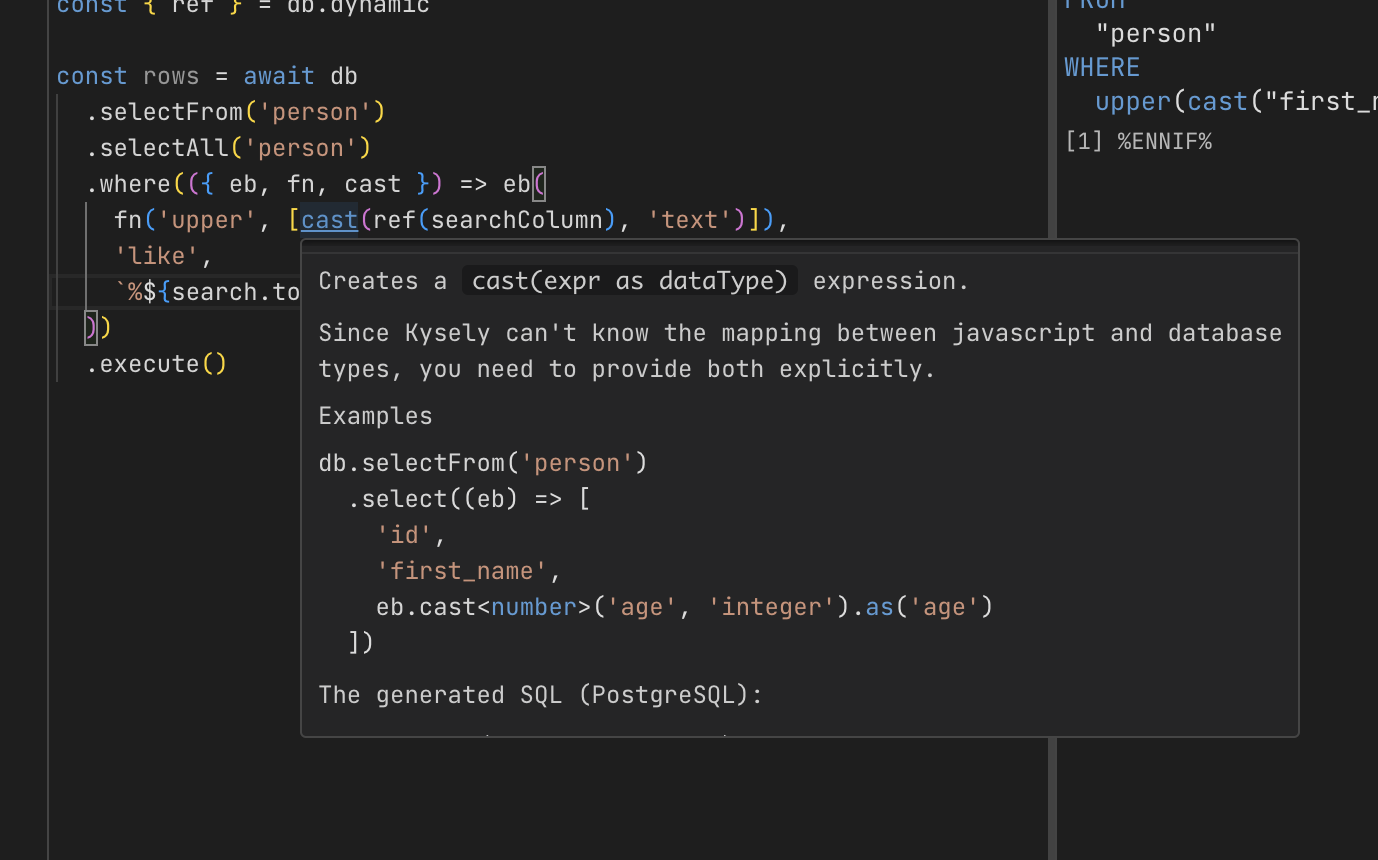 Case insensitive where comparison with cast - Kysely