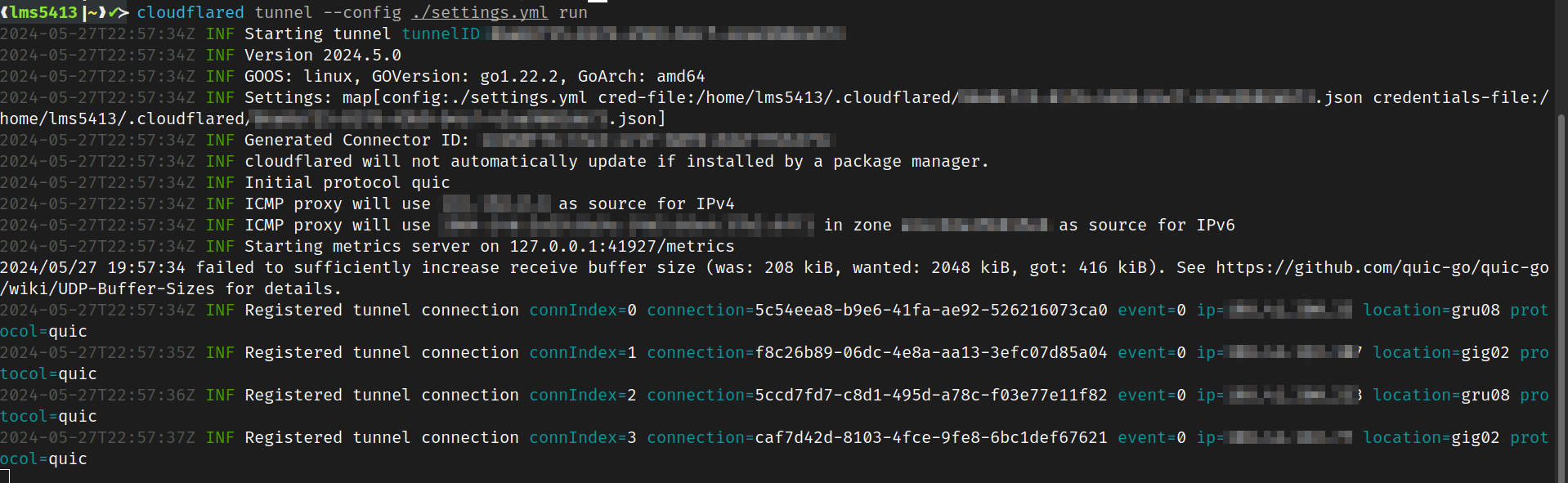 My command ```cloudflared tunnel --hostname tcp.mydomain.com --url tcp://127.0.0.1:25565 ...