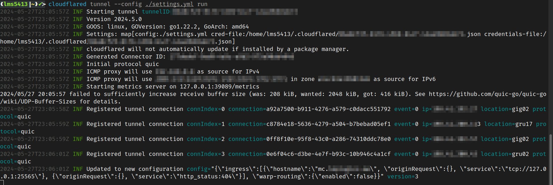 My command ```cloudflared tunnel --hostname tcp.mydomain.com --url tcp://127.0.0.1:25565 ...