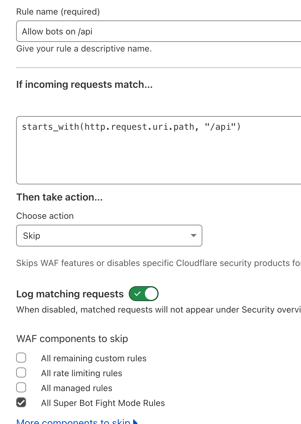 how do I disable super bot fight mode for /api paths - Cloudflare Developers