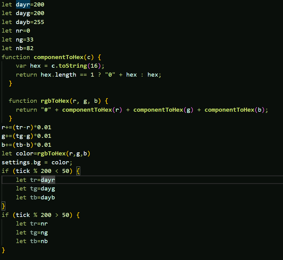 function componentToHex(c) { var hex = c.toString(16); return hex.length == 1 ? "0" + hex : hex ...