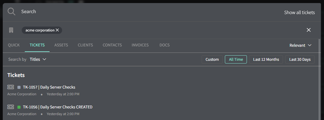 This shows all tickets in chronological order -- add the Client Focus if you'd like to narrow it ...