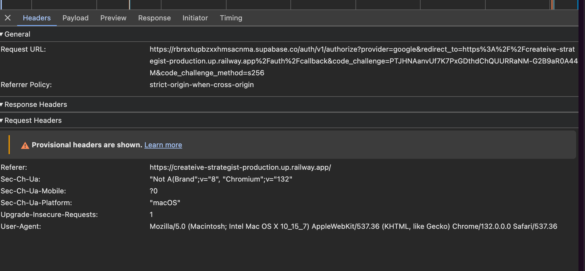 Request failed for auth after subscribing - Supabase
