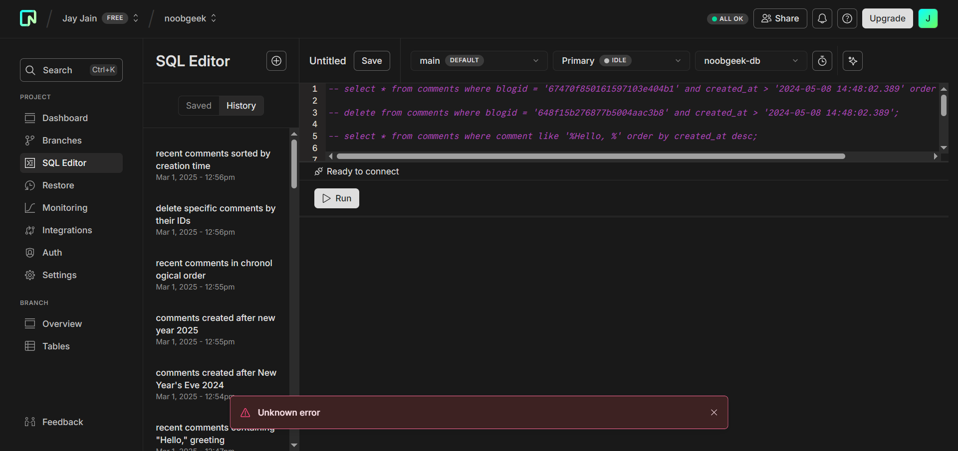 I am using free version of postgres from neon db. - Neon
