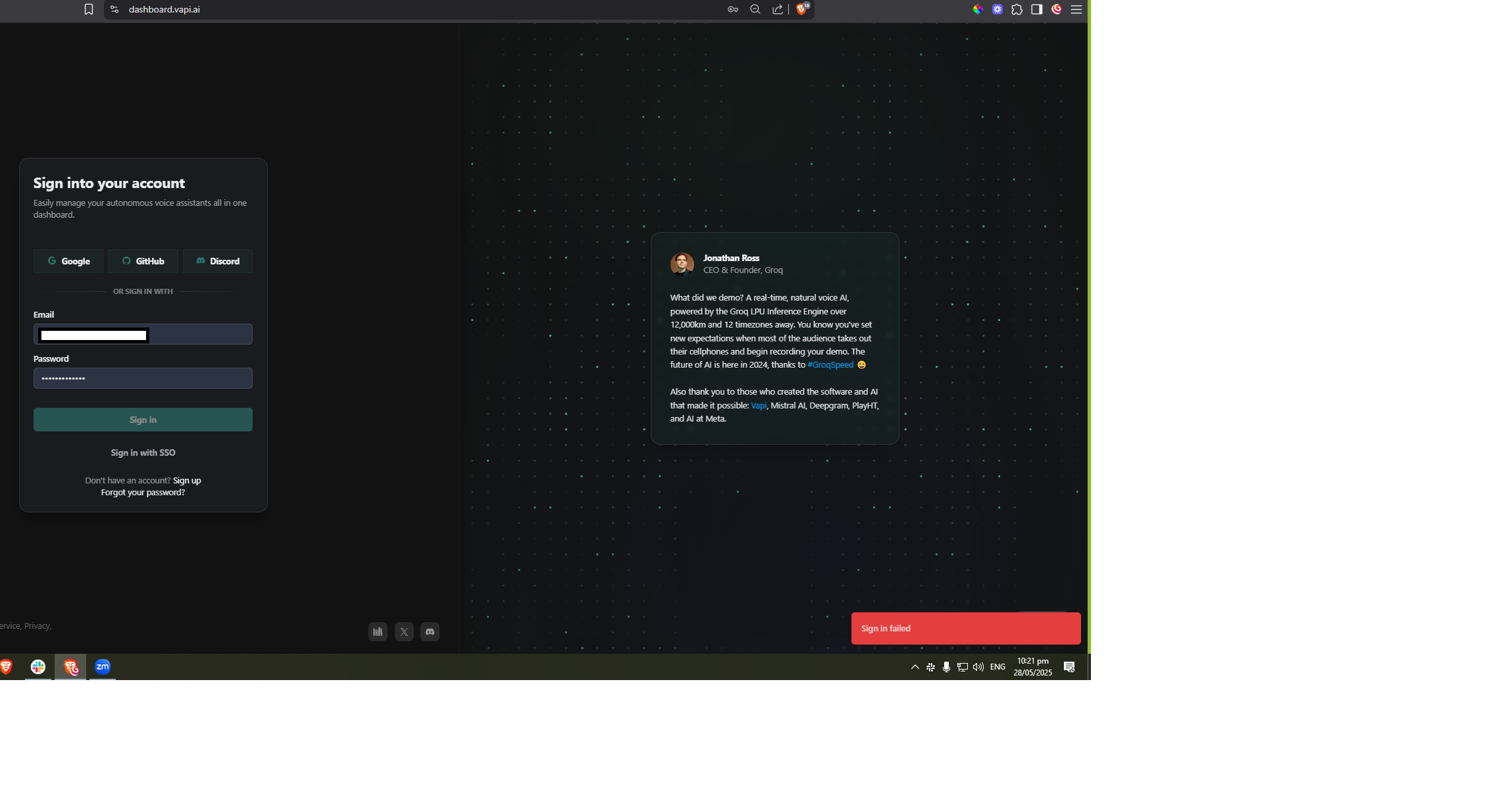 Unable to Login to Vapi Dashboard - VAPI