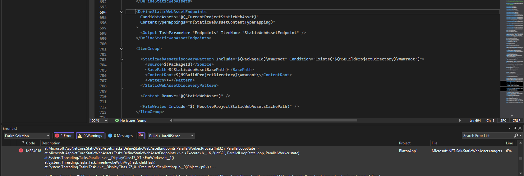 Need Help - "The 'DefineStaticWebAssetEndpoints' task failed unexpectedly." on New Project - C#