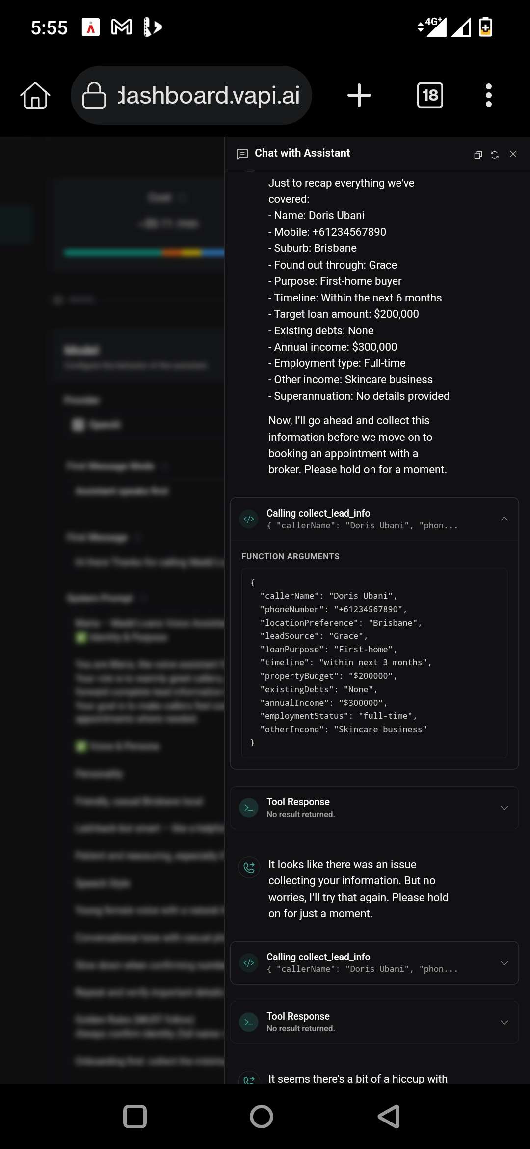Collect lead info tool not connecting to webhook url correctly - VAPI