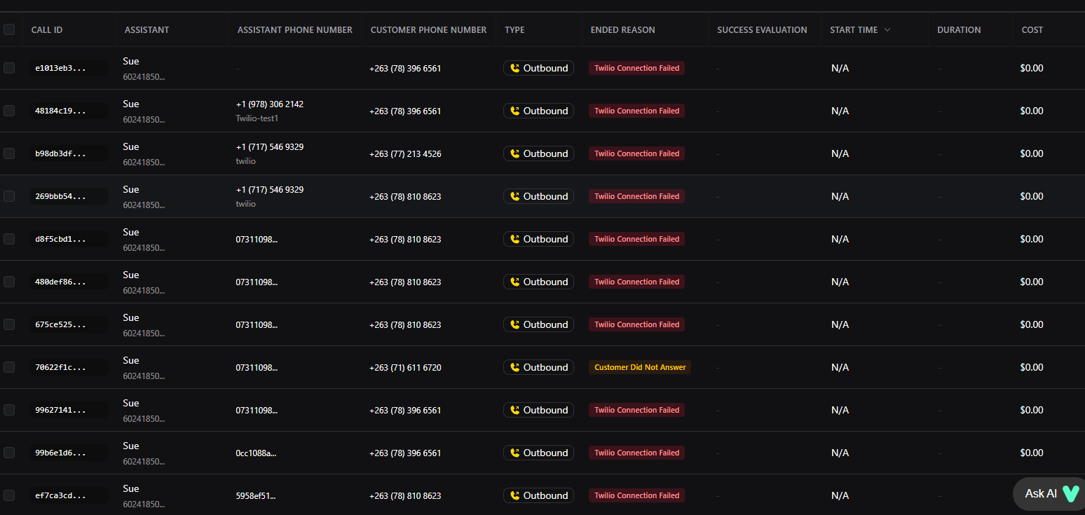 Websocket Service Failing All Outbound Calls Failing With Twilio Connection Failed Vapi