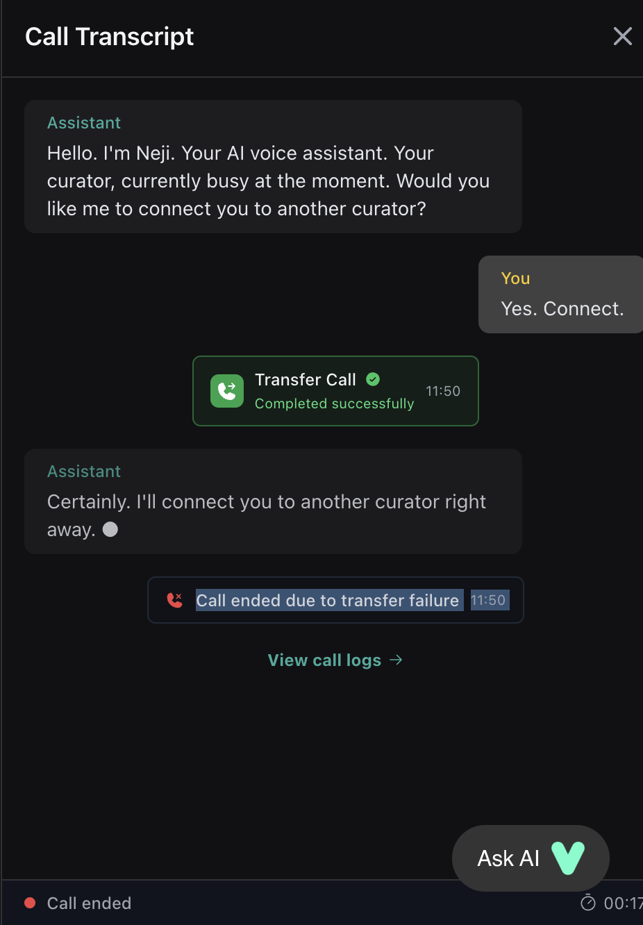 Call ended due to transfer failure - VAPI