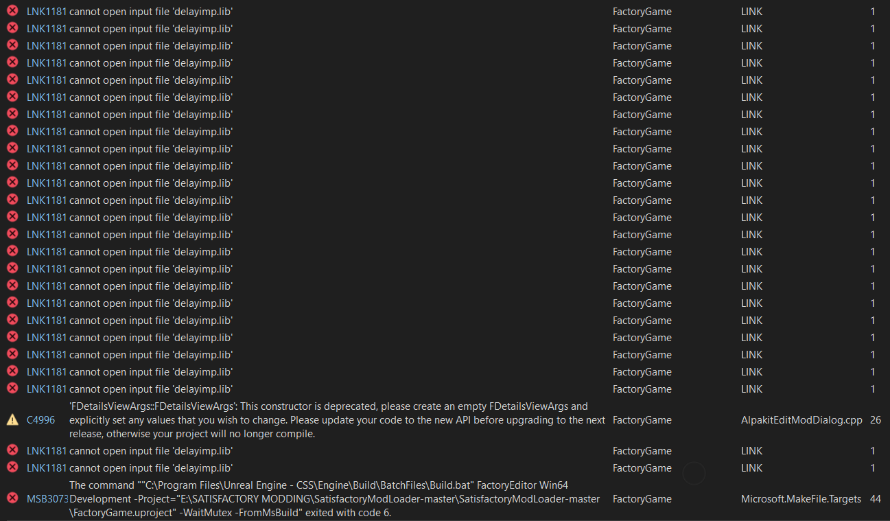 Error: LINK1181 cannot open input file 'delayimp.lib' - Satisfactory Modding