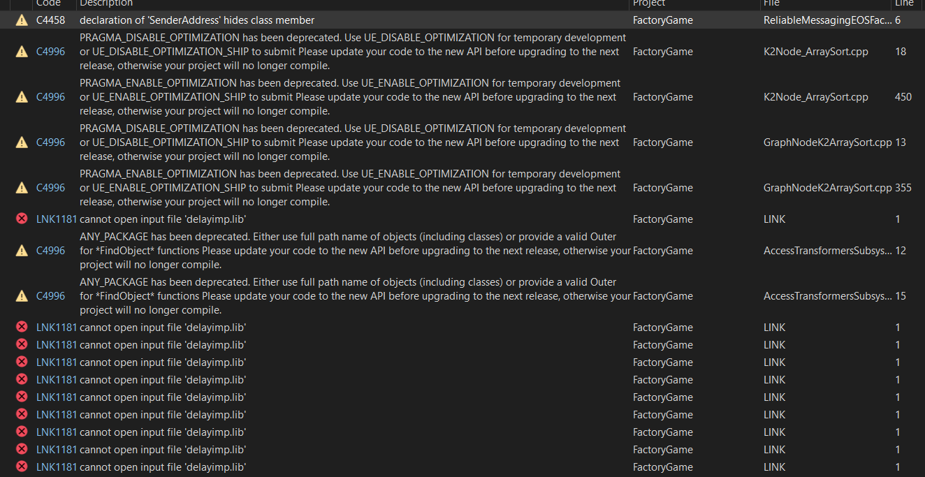Error: LINK1181 cannot open input file 'delayimp.lib' - Satisfactory Modding