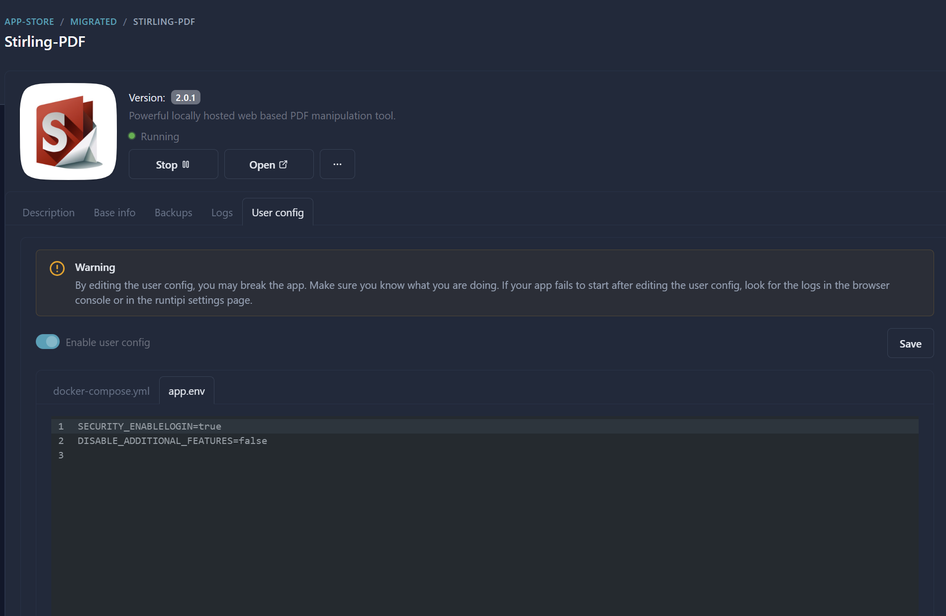 New .env variable on Stirling-PDF 2.0.1 - Runtipi
