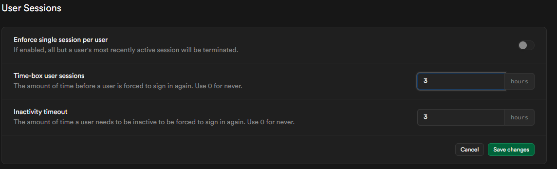 In Supabase Auth → User Sessions settings, the “Time-box user sessions” field doesn’t specify ...