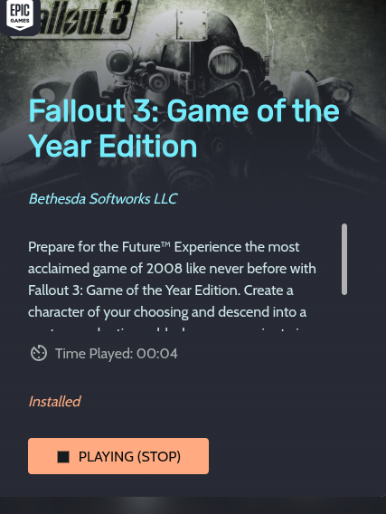 Fallout 3: GOTY (Epic/ Linux Mint) doesn't start - Heroic Games Launcher