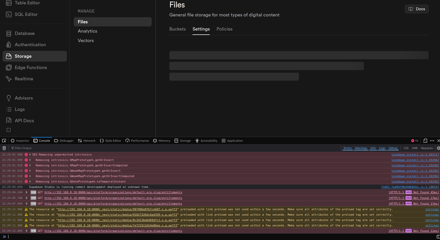settings not loading on storage manage files page - Supabase