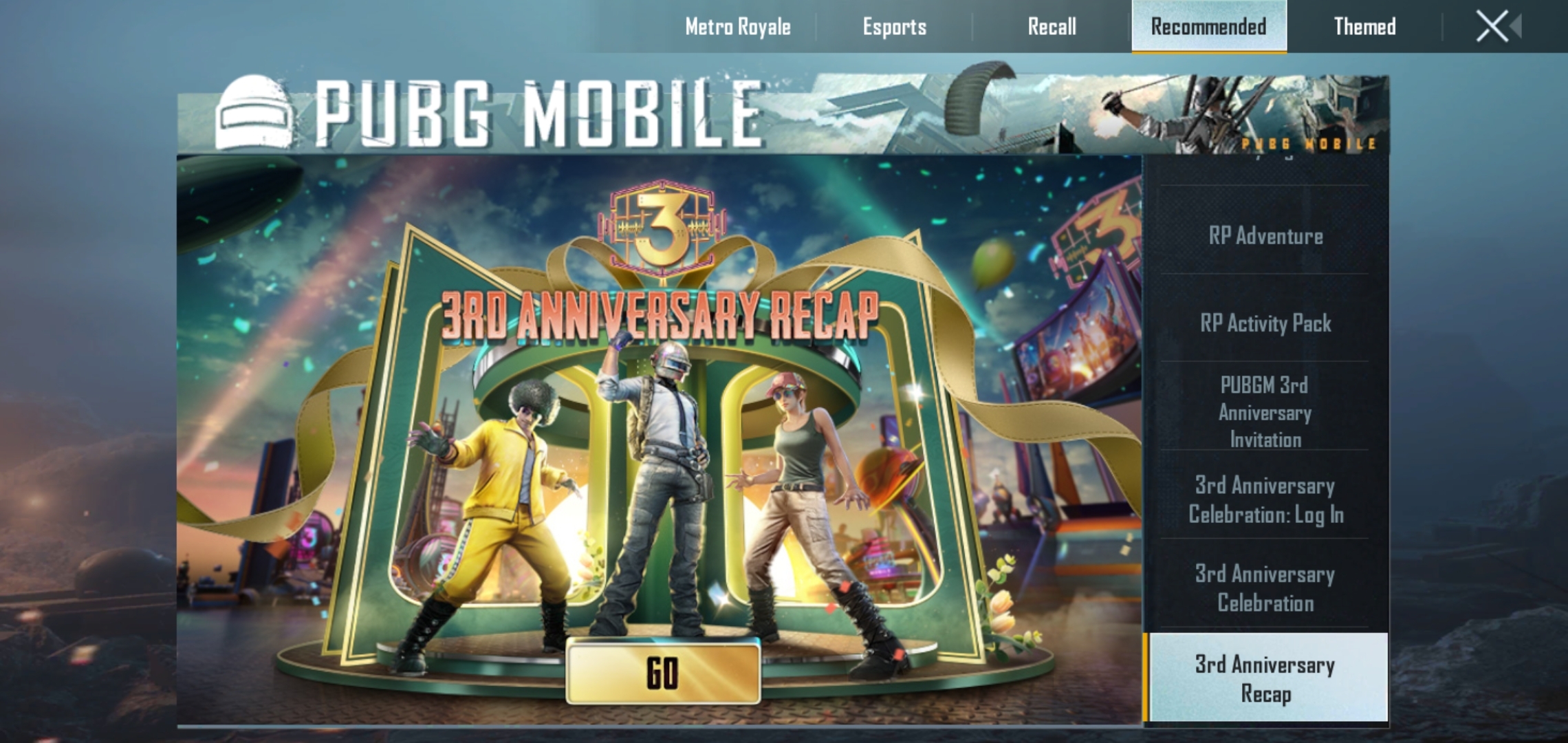 Events > Recommended > 3rd Anniversary Recap - PUBG MOBILE