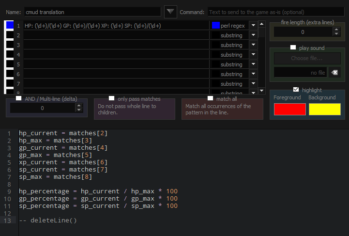 `^HP: (? \d+)/(? \d+) GP: (? \d+)/(? \d+) XP: (? \d+) SP: (? \d+ ...