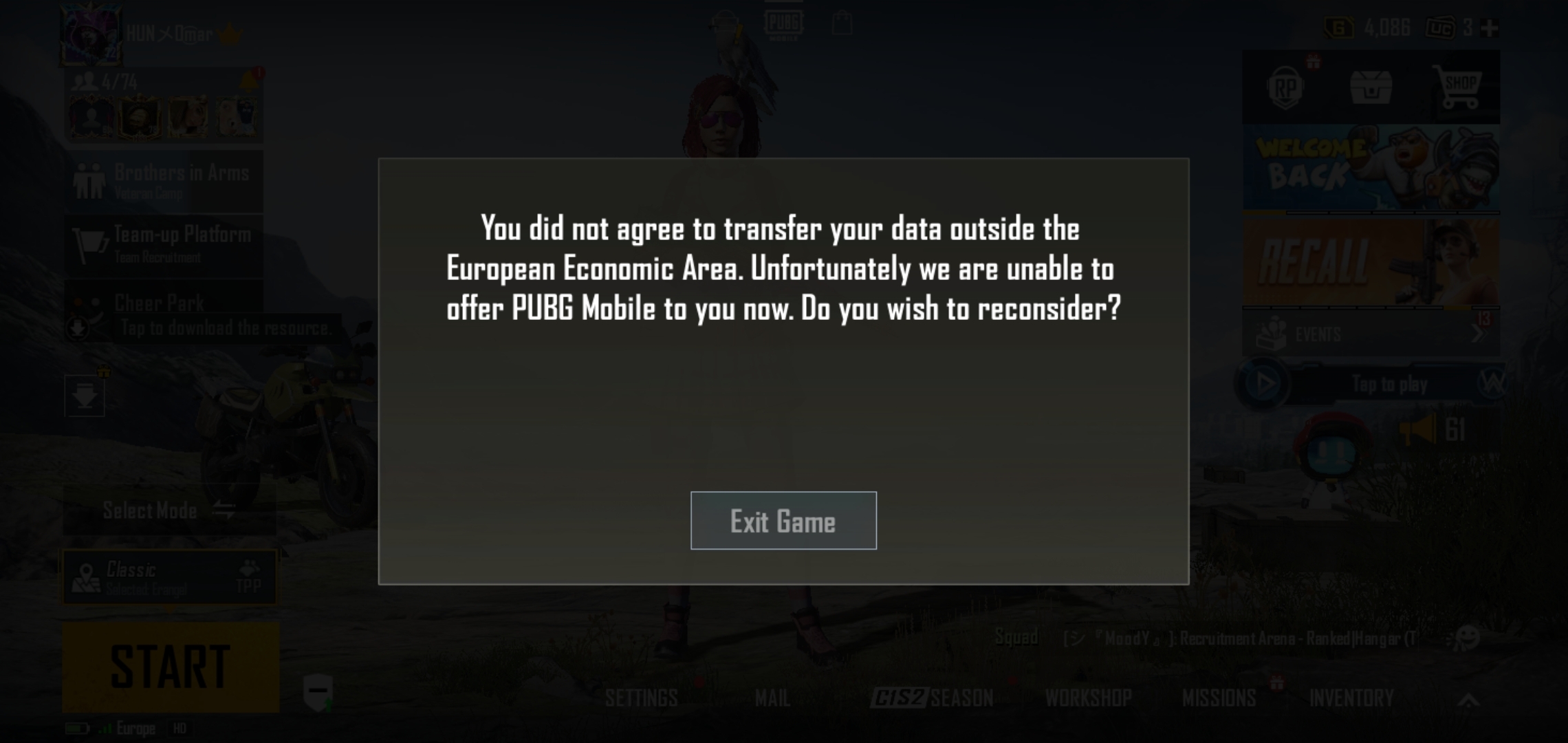 You will have to wait 60 days before you can switch to another server. - PUBG MOBILE