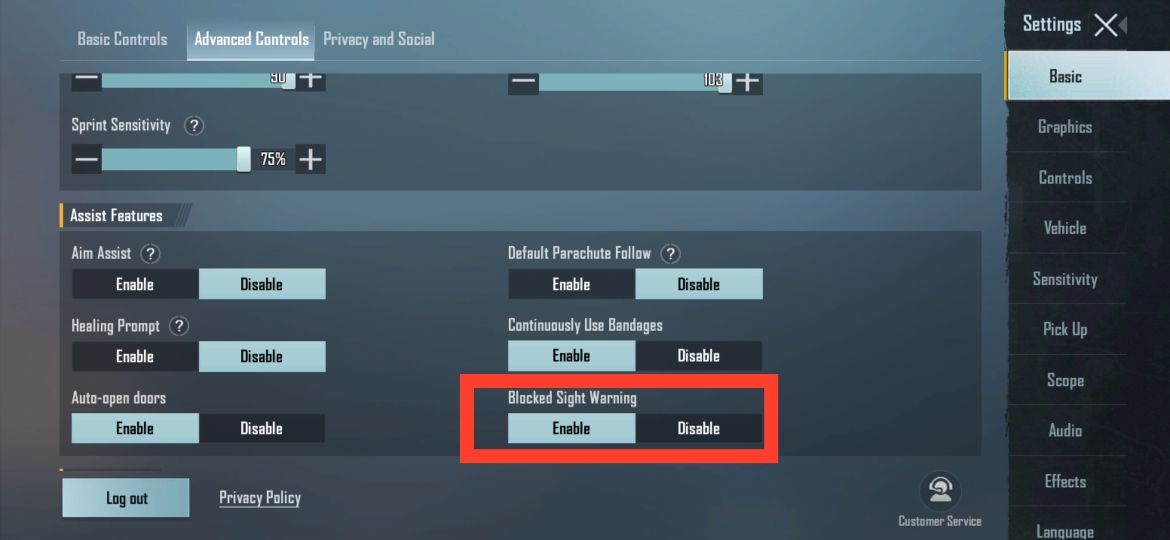 how to disable block sight warning thing? - PUBG MOBILE